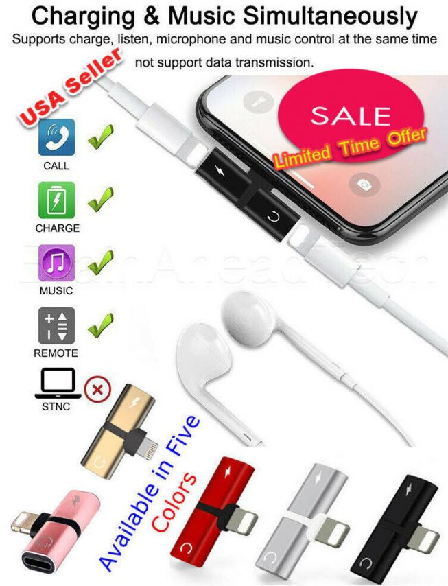 black 2 in 1 earphone and charger splitter adapter