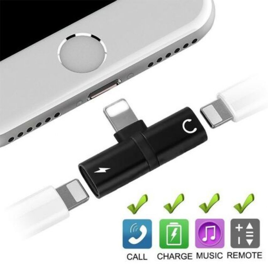 black 2 in 1 earphone and charger splitter adapter