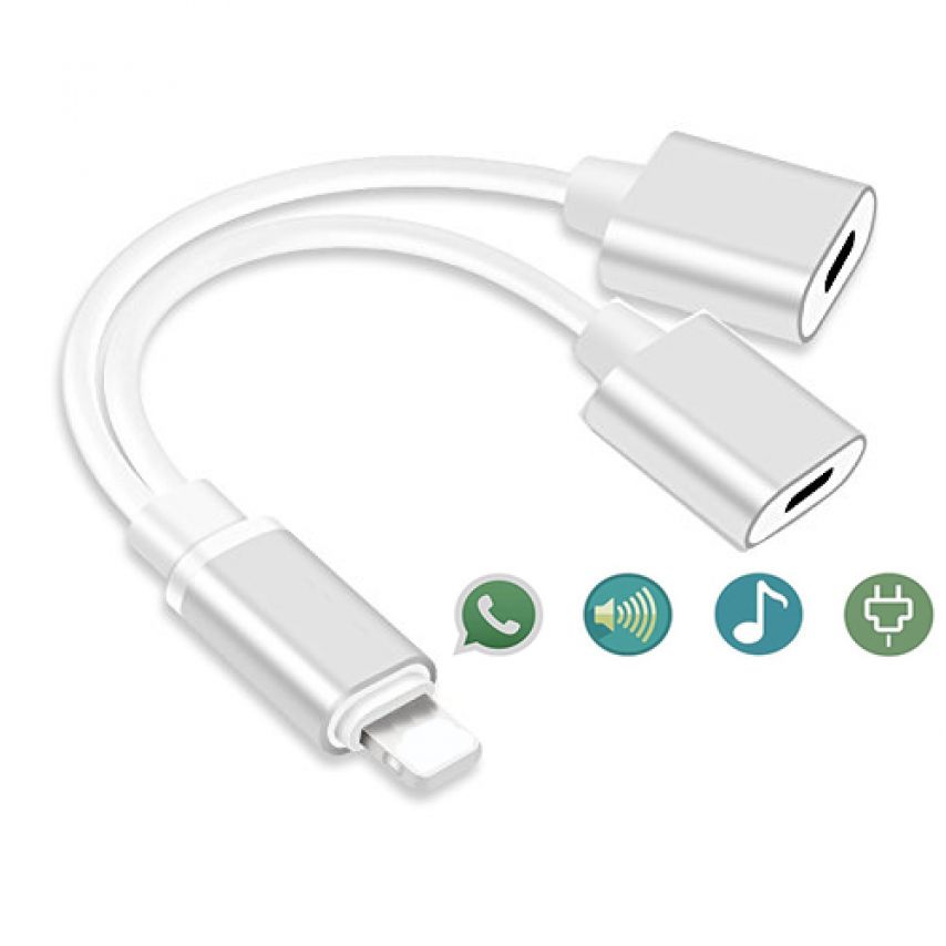 silver 2 in 1 double jacks headphone audio adapter for iphone