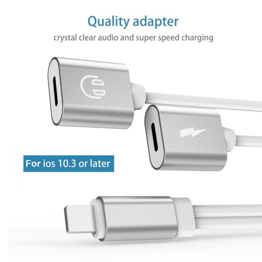 silver 2 in 1 double jacks headphone audio adapter for iphone
